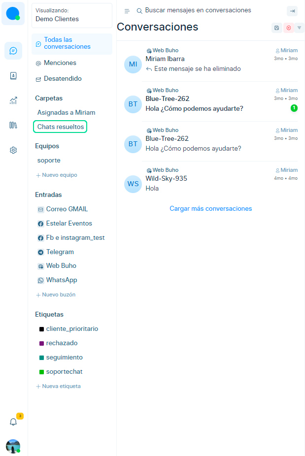 Filtros de conversación | Documentación Chat Buho